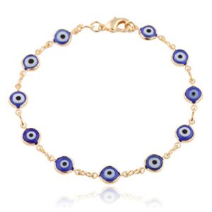 jotw gold overlay with navy blue mini evil eye style 7.5 inch clasp bracelet (t-326)