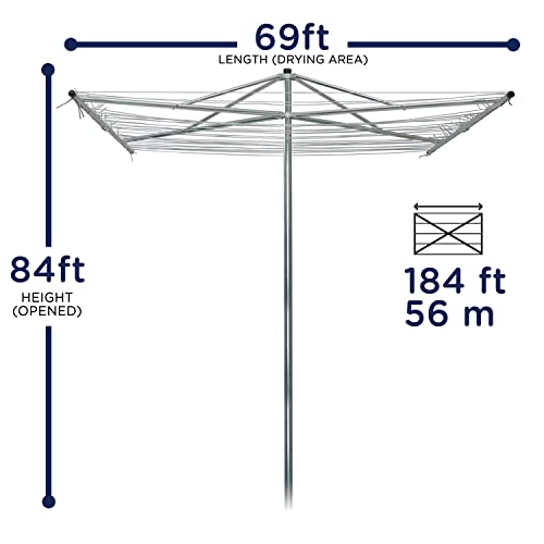 Strata Heavy Duty Parallel Rotary Outdoor Drying Rack - 184 Feet Umbrella Clothesline Dryer, Aluminum & Steel Frame Outside Clothes Drying Rack, Silver