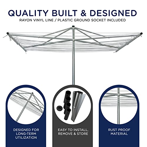 Strata Heavy Duty Parallel Rotary Outdoor Drying Rack - 184 Feet Umbrella Clothesline Dryer, Aluminum & Steel Frame Outside Clothes Drying Rack, Silver