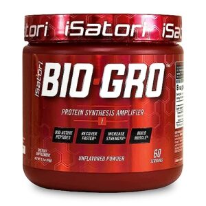 isatori bio-gro protein synthesis amplifier - build lean muscle, speed recovery and increase strength - bio-active proline-rich peptides post workout muscle builder - unflavored (60 servings)