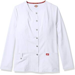 Dickies Xtreme Stretch Women Warm Up Scrubs Jacket Snap Front 82310, L, White