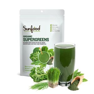 sunfood superfoods super greens powder, organic green juice/smoothie mix w/digestive enzymes & probiotic for gut health, good source of liquid chlorophyll, spirulina & chlorella, 8 oz, 22 servings