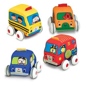 melissa & doug k's kids pull-back vehicle set - soft baby toy set with 4 cars and trucks and carrying case - pull back cars, toys for babies and toddlers