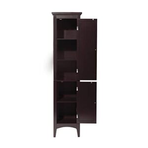 Teamson Home Glancy Tall Slim Freestanding Double Tier Floor Linen Cabinet with 1 Adjustable and 3 Fixed Interior Shelves 5 Storage Spaces and 2 Louvered Doors, Dark Espresso