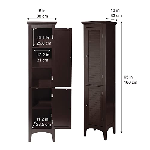 Teamson Home Glancy Tall Slim Freestanding Double Tier Floor Linen Cabinet with 1 Adjustable and 3 Fixed Interior Shelves 5 Storage Spaces and 2 Louvered Doors, Dark Espresso