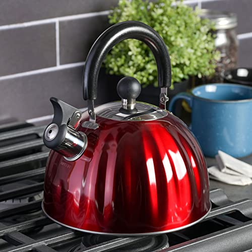 Mr. Coffee Twining 2.1 Quart Pumpkin Shaped Stainless Steel Whistling Tea Kettle, Metallic Red