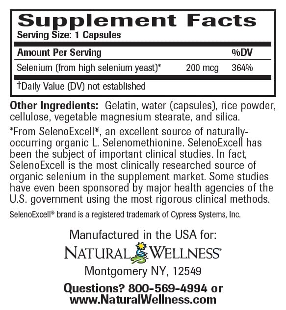 Natural Wellness 200 mcg Natural, Organic, SelenoExcell Selenium Supplement for Antioxidant Support - 60 Capsules: 60-Day Supply