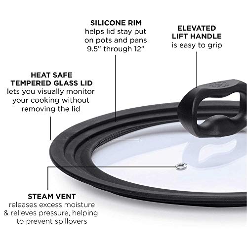 Ecolution Universal Lid for Pots and Pans, Fits 9.5-Inch to 12-Inch Cookware, Tempered Glass Replacement Lid with Heat Resistant Silicone Edge, Dishwasher Safe, Made without BPA, Large, Black