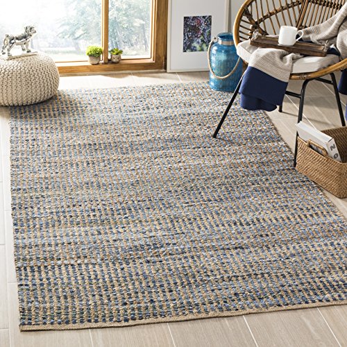 SAFAVIEH Cape Cod Collection Accent Rug - 4' x 6', Natural & Blue, Handmade Flat Weave Coastal Braided Jute, Ideal for High Traffic Areas in Entryway, Living Room, Bedroom (CAP352A)