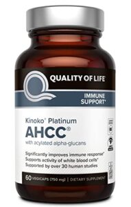 quality of life premium kinoko platinum ahcc herbal supplement, 750mg of ahcc per capsule, for immune support, liver function, maintains natural killer cell activity, 1 pack, 60 veggie capsules