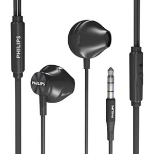 philips wired earbuds with microphone - ergonomic comfort-fit in ear headphones with mic for cell phones, earphones with microphone with bass clear sound - black