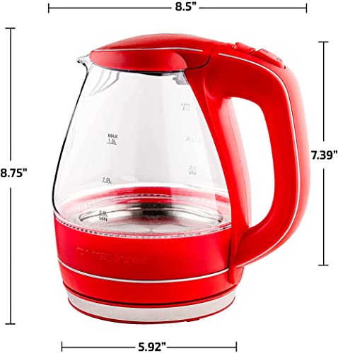 OVENTE Glass Electric Kettle Hot Water Boiler 1.5 Liter Borosilicate Glass Fast Boiling Countertop Heater - BPA Free Auto Shut Off Instant Water Heater Kettle for Coffee & Tea Maker - Red KG83R