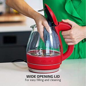 OVENTE Glass Electric Kettle Hot Water Boiler 1.5 Liter Borosilicate Glass Fast Boiling Countertop Heater - BPA Free Auto Shut Off Instant Water Heater Kettle for Coffee & Tea Maker - Red KG83R