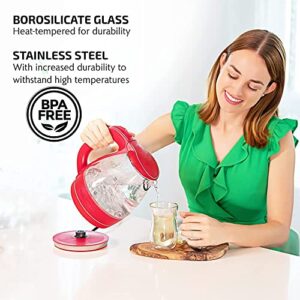 OVENTE Glass Electric Kettle Hot Water Boiler 1.5 Liter Borosilicate Glass Fast Boiling Countertop Heater - BPA Free Auto Shut Off Instant Water Heater Kettle for Coffee & Tea Maker - Red KG83R