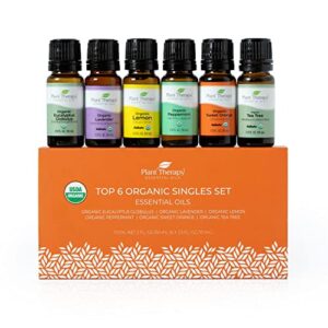 plant therapy top 6 usda organic essential oil set - lavender, peppermint, eucalyptus, lemon, tea tree 100% pure, natural aromatherapy, for diffusion & topical use, therapeutic grade 10 ml (1/3 oz)