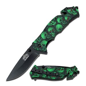 master usa – spring assisted folding knife – black stainless steel blade, green skull camo coated nylon fiber handle w/ rope cutter, glass punch, pocket clip, tactical, edc, self defense- mu-a001gnsc