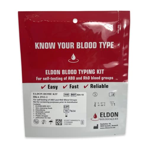 Eldoncard Blood Typing Kit, 1 Test, Know Your Blood Type, Instant Home Testing Kit, A, O, B, Rhs-D Negative and Positive Blood Types Tested