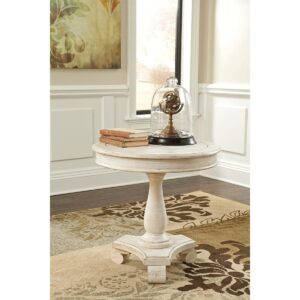 Signature Design by Ashley Mirimyn Cottage Vintage Hand-Finished Round Accent Table, Distressed White Finish