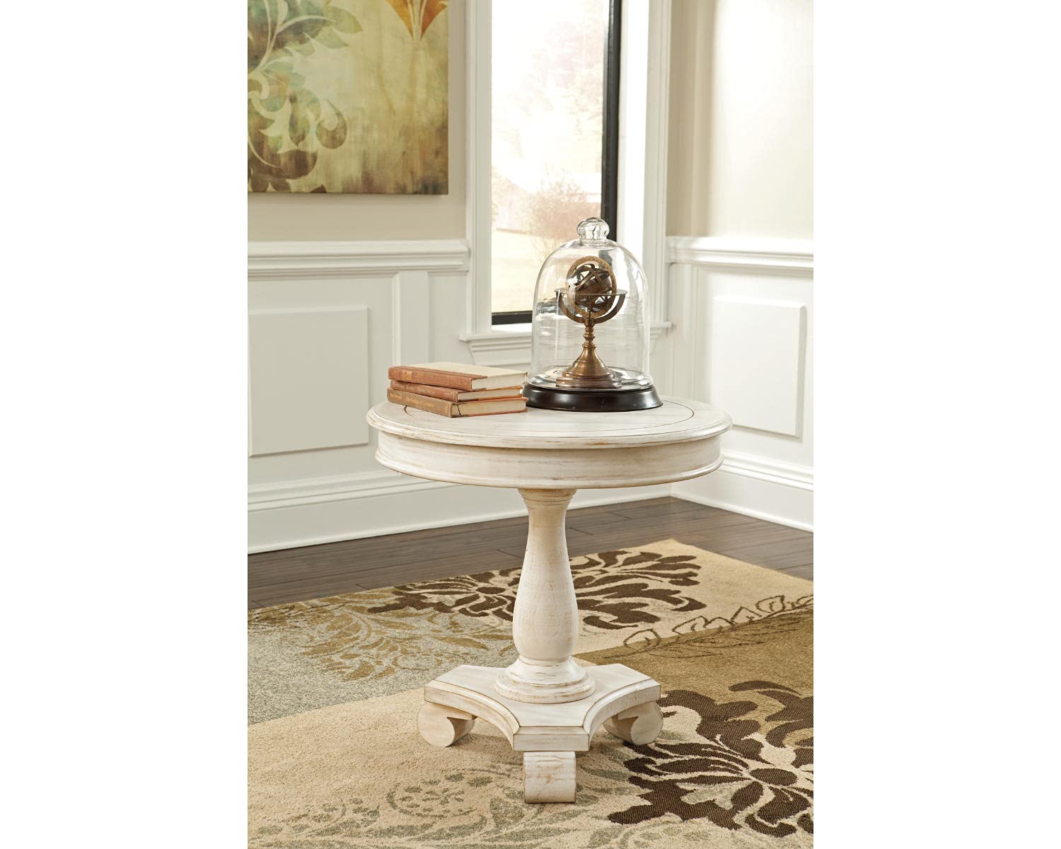 Signature Design by Ashley Mirimyn Cottage Vintage Hand-Finished Round Accent Table, Distressed White Finish