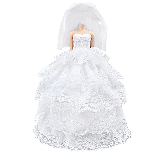 E-TING Handmade Wedding Evening Party Dress Clothes Gown Veil for Girl Dolls (White)