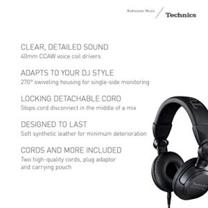 Technics Professional DJ Headphones with 40mm CCAW Voice Coil Drivers, 270° Swivel Housing and Locking Detachable Cord; Lightweight, Foldable High Input - EAH-DJ1200 (Black)