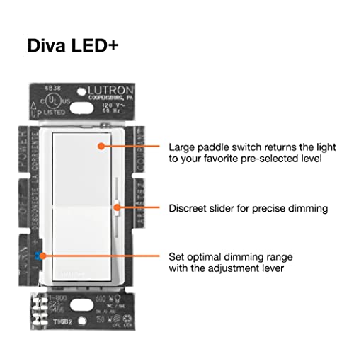 Lutron Diva LED+ Dimmer Switch for Dimmable LED, Halogen and Incandescent Bulbs, 250W/Single-Pole or 3-Way, DVCL-253P-LA, Light Almond