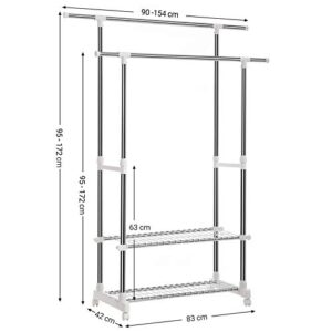 SONGMICS Clothes Rails, Double Hanging Rails with 2-Tier Shelves, Telescopic Extendable Coat Rack with Casters, Stainless Steel Coated Iron Pipes, 154 x 42 x 172 cm by SONGMICS