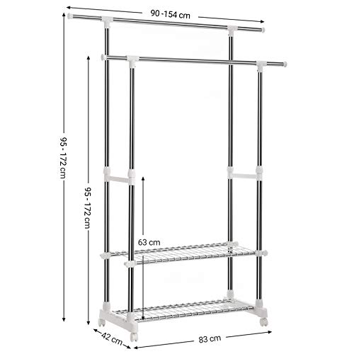 SONGMICS Clothes Rails, Double Hanging Rails with 2-Tier Shelves, Telescopic Extendable Coat Rack with Casters, Stainless Steel Coated Iron Pipes, 154 x 42 x 172 cm by SONGMICS