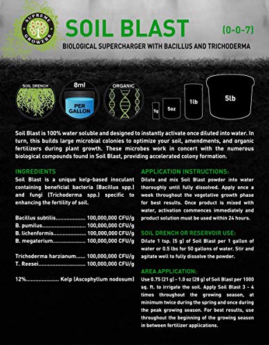 Soil Blast Concentrate 5oz Bottle Makes 29 Gallons by Supreme Growers Compost Tea Alternative Inoculant Contains Beneficial Bacteria and Trichoderma Can Be Used with Myco Blast and Kelp Blast