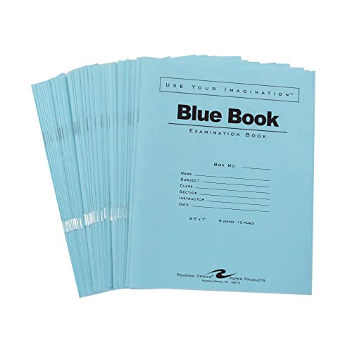 Roaring Spring Test Blue Exam Book, Wide Ruled with Margin, 50 Pack, 8.5" x 7" 6 Sheets/12 Pages, Blue Cover