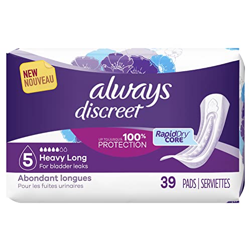 Always Discreet Incontinence Pads for Women, Heavy Absorbency, Long Length, 39 Count