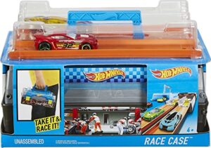 hot wheels race case track set with 2 hot wheels cars, dual launcher for side-by-side racing, storage container, toy for kids 4 years old & up