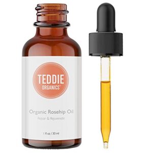 teddie organics rosehip seed oil for face, hair and skin 1oz, pure rose hip oil (works as a carrier and facial oil)