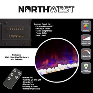 36-Inch Wall-Mounted Electric Fireplace – LED Fire Flames with Remote – Adjustable Flame Color, Brightness and Heat by Northwest (Black)