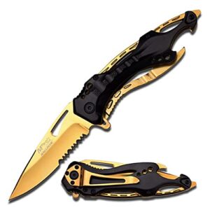 mtech usa – spring assisted folding knife – partially serrated gold tinite coated stainless steel blade, black aluminum handle, pocket clip, tactical, edc, self defense- mt-a705bg