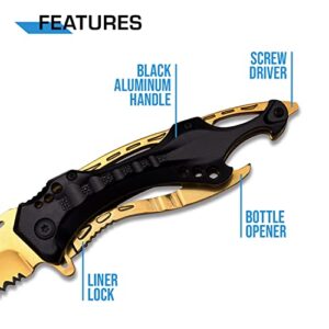 MTech USA – Spring Assisted Folding Knife – Partially Serrated Gold TiNite Coated Stainless Steel Blade, Black Aluminum Handle, Pocket Clip, Tactical, EDC, Self Defense- MT-A705BG