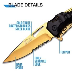 MTech USA – Spring Assisted Folding Knife – Partially Serrated Gold TiNite Coated Stainless Steel Blade, Black Aluminum Handle, Pocket Clip, Tactical, EDC, Self Defense- MT-A705BG