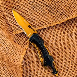 MTech USA – Spring Assisted Folding Knife – Partially Serrated Gold TiNite Coated Stainless Steel Blade, Black Aluminum Handle, Pocket Clip, Tactical, EDC, Self Defense- MT-A705BG