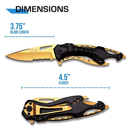 MTech USA – Spring Assisted Folding Knife – Partially Serrated Gold TiNite Coated Stainless Steel Blade, Black Aluminum Handle, Pocket Clip, Tactical, EDC, Self Defense- MT-A705BG