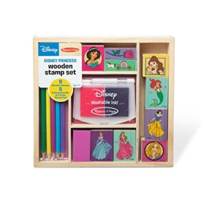 melissa & doug disney princess wooden stamp set: 9 stamps, 5 colored pencils, and 2-color stamp pad with washable ink for kids ages 4+