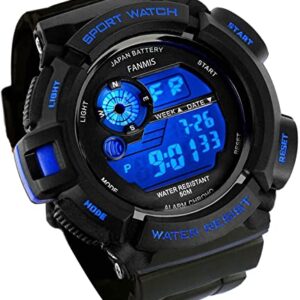 FANMIS Mens Military Multi Function Tactics Digital LED Sports Watch Large Face Electronic Waterproof Alarm Quartz Outdoor Waterproof Watch (Blue)