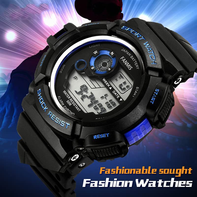 FANMIS Mens Military Multi Function Tactics Digital LED Sports Watch Large Face Electronic Waterproof Alarm Quartz Outdoor Waterproof Watch (Blue)