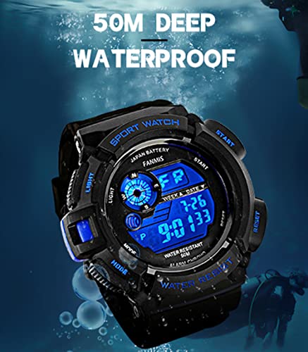 FANMIS Mens Military Multi Function Tactics Digital LED Sports Watch Large Face Electronic Waterproof Alarm Quartz Outdoor Waterproof Watch (Blue)