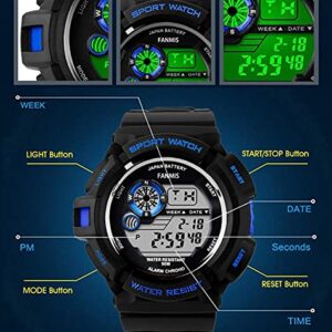 FANMIS Mens Military Multi Function Tactics Digital LED Sports Watch Large Face Electronic Waterproof Alarm Quartz Outdoor Waterproof Watch (Blue)