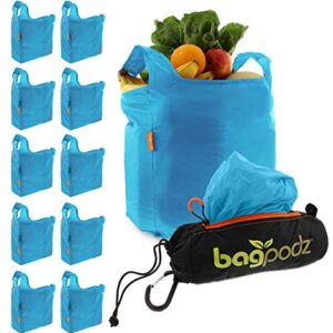 BagPodz Reusable Shopping Bags Inside a Compact Pod with Carry Clip - Washable Grocery Shopping Bags - Reusable Grocery Bags Heavy Duty RipStop Nylon Holds 50lbs Very Sturdy, 10 Pack in Blue