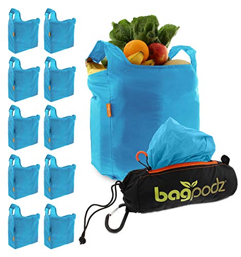 BagPodz Reusable Shopping Bags Inside a Compact Pod with Carry Clip - Washable Grocery Shopping Bags - Reusable Grocery Bags Heavy Duty RipStop Nylon Holds 50lbs Very Sturdy, 10 Pack in Blue