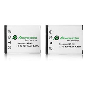 powerextra 2 x np-45 np-45a np-45b np-45s battery compatible with fujifilm instax mini 90, finepix xp20 xp22 xp30 xp50 xp60 xp70 xp80 xp90 xp120 xp130 xp140 t350 t400 t500 t510 t550 t560 jx520 jx550