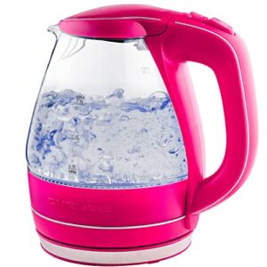 ovente glass electric kettle hot water boiler 1.5 liter borosilicate glass fast boiling countertop heater - bpa free auto shut off instant water heater kettle for coffee & tea maker - pink kg83f