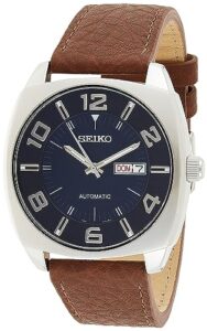 seiko snkn37 automatic watch for men - recraft series - brown leather strap, day/date calendar, 50m water resistant, blue dial, luminous hands & markers, and 41 hour power reserve