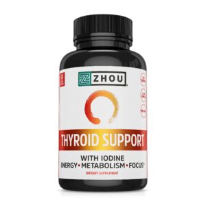 zhou thyroid support complex with iodine supplement, increase energy, fight brain fog with vitamin b12, iodine, magnesium, zinc, selenium, no soy, gluten-free, 30 servings, 60 caps